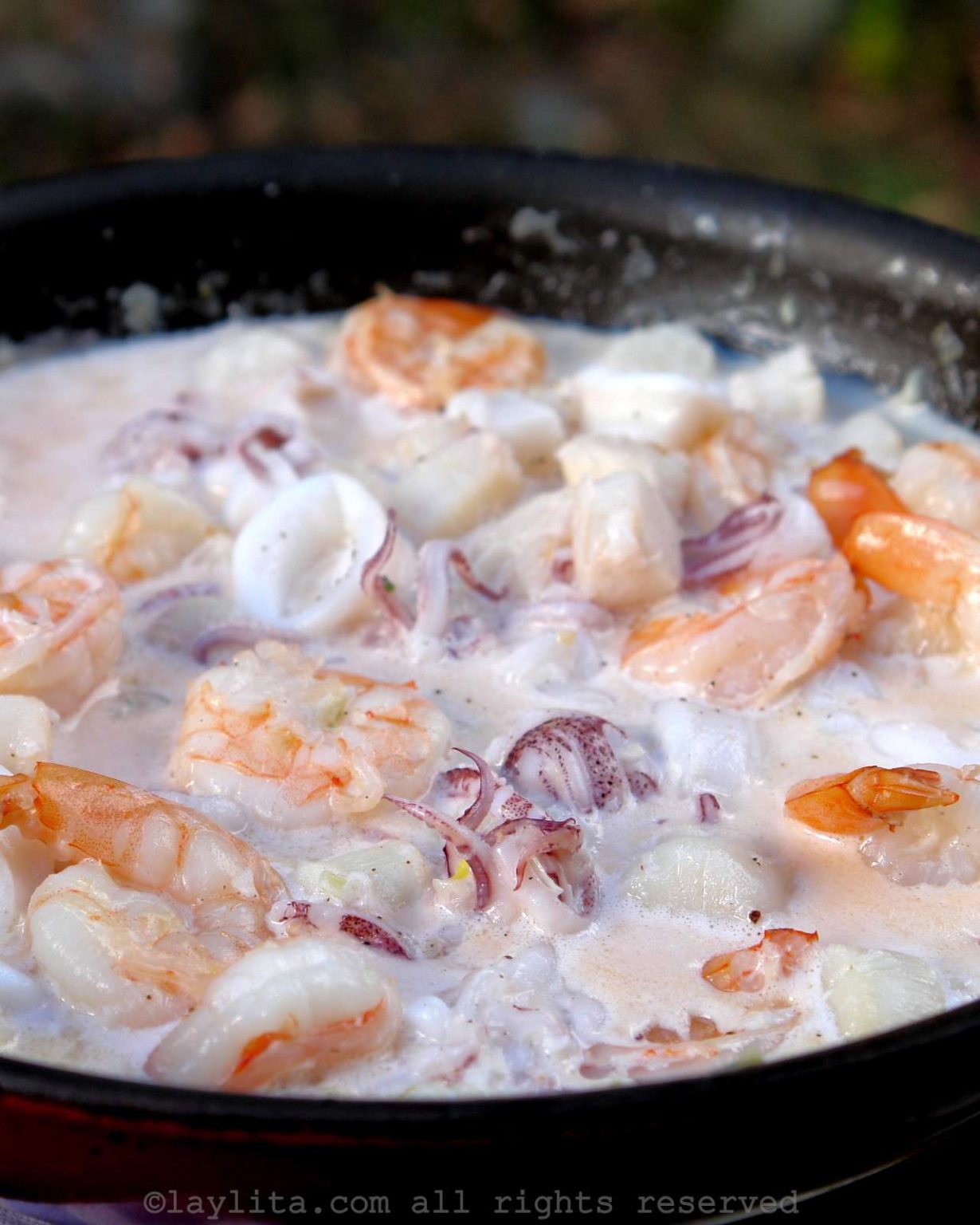 Fruits de mer à la sauce crémeuse à l’ail et au vin – Mariscos al ajillo