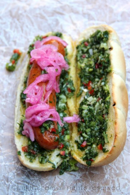 Recipe for choripan or chorizo hot dog with chimichurri sauce