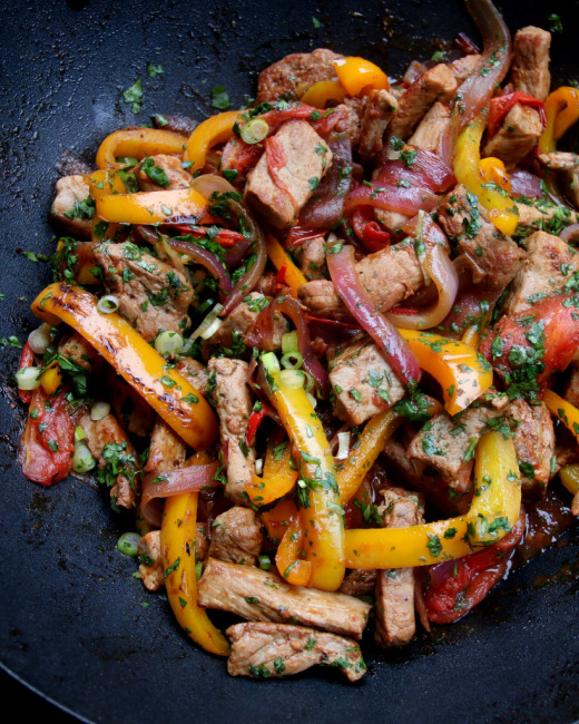 Pork lomo saltado - Peruvian inspired pork stir fry - Latin Recipes